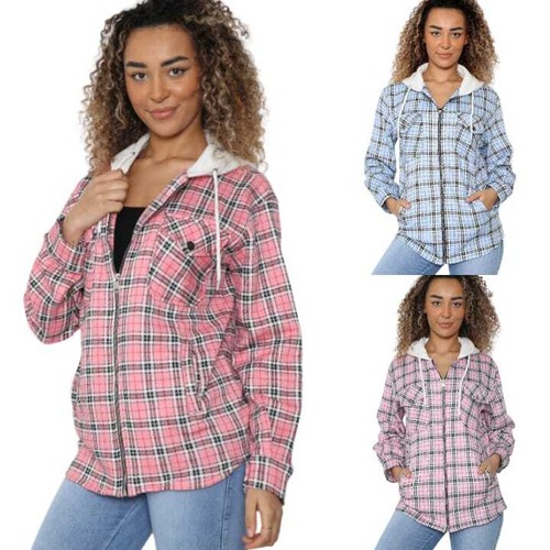 Womens Ladies Baggy Long Sleeve Checked Zip UP Shacket Shirt Jacket (XS ...