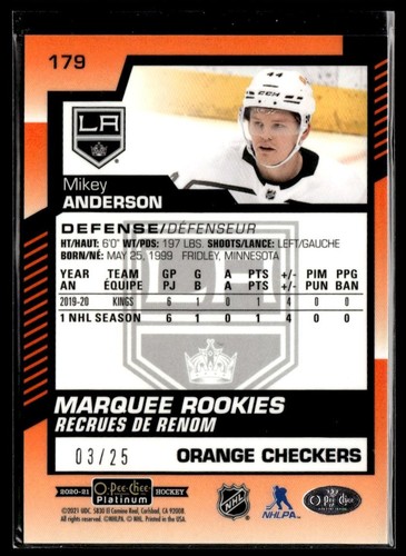 2020-21 O-Pee-Chee Platinum Orange Checkers Mikey Anderson 03/25 Los ...