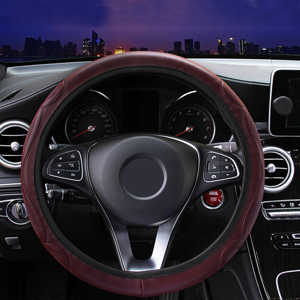 Wine Red PU Leather Car Steering Wheel Cover Anti-slip For 15''/38cm ...