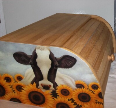 Bread Box Bamboo Wood Cow Sunflower Country Farm Kitchen Roll Top Lodge ...