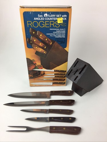 Rogers Cutlery Master Guild 5 pc Knife Set Vintage Stainless with Block ...