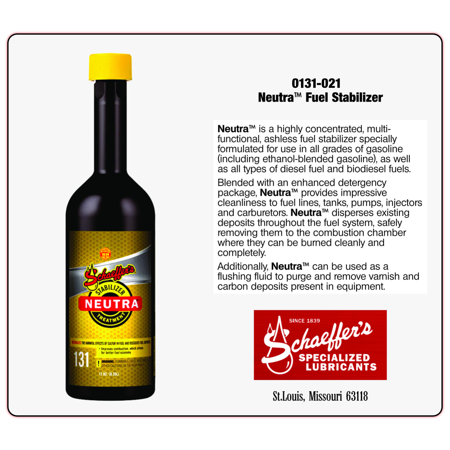 Schaeffers Neutra® Fuel Stabilizer Treatment 12oz (Case of 24)(0131-024 ...