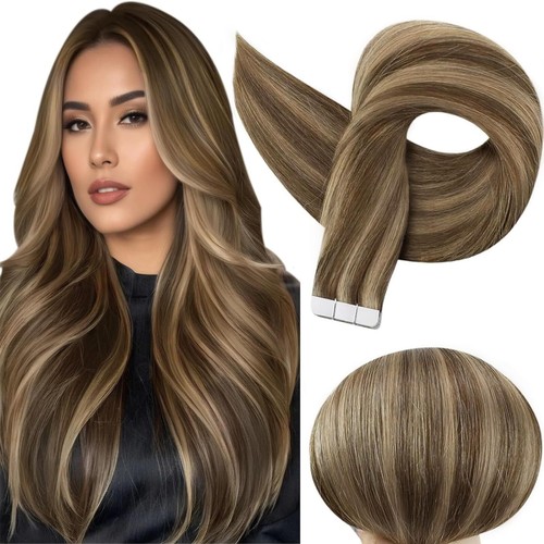 Tape in Hair Extensions 18 Inch Color 4P27 Medium Brown Highlighted ...