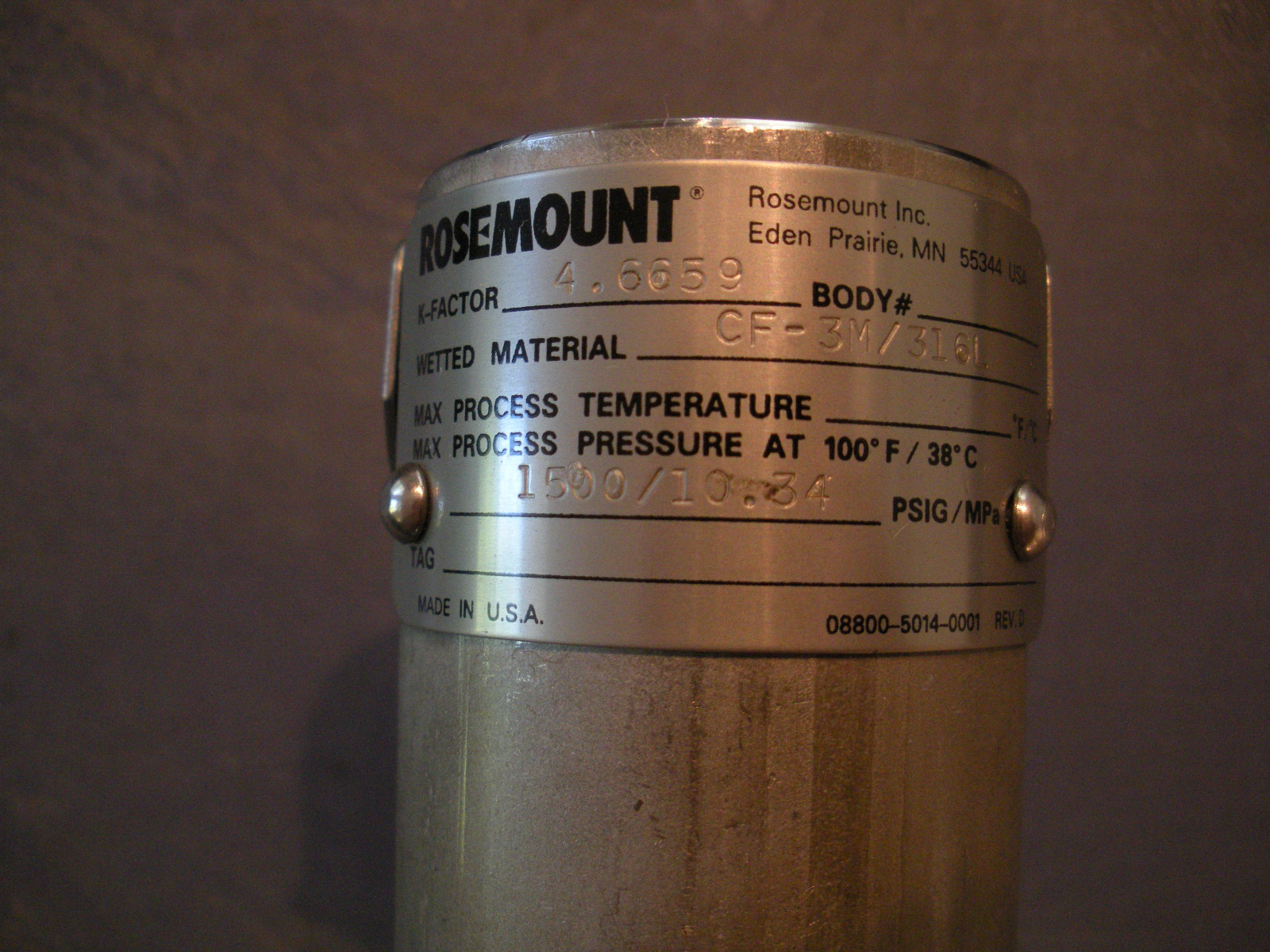 Rosemount 8800-5111-1040 Flowmeter Tube Vortex 8800 CF-3M/316L CW-12MW ...