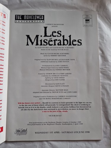 Les Miserables Programme/Brochure 1998 The Mayflower Southampton | eBay