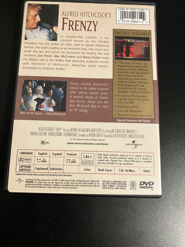 DVD HITCHCOK'S FRENZY JON FINCH ALEC MCGOWEN BARRY FOSTER 1972 LIKE NEW ...