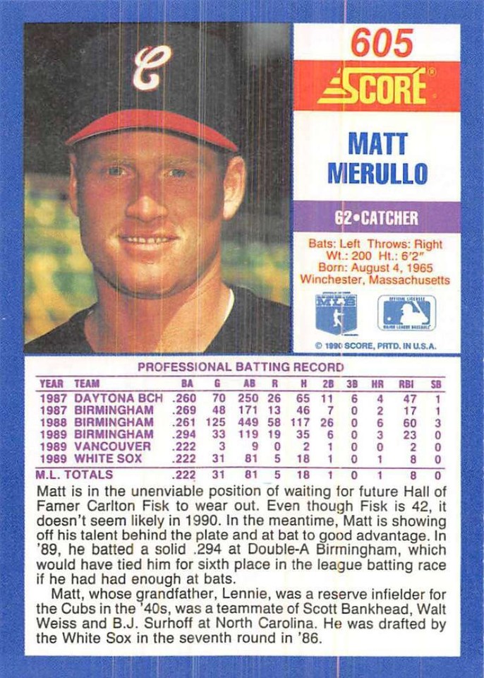 1990 Score #605 Matt Merullo NM-MT White Sox | eBay