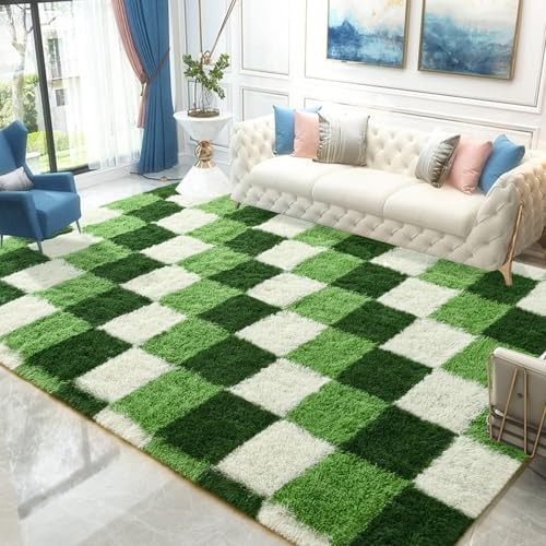 Shag Area Rug, 4x6 ft Deep Green White Fluffy Rugs for Bedroom Living ...