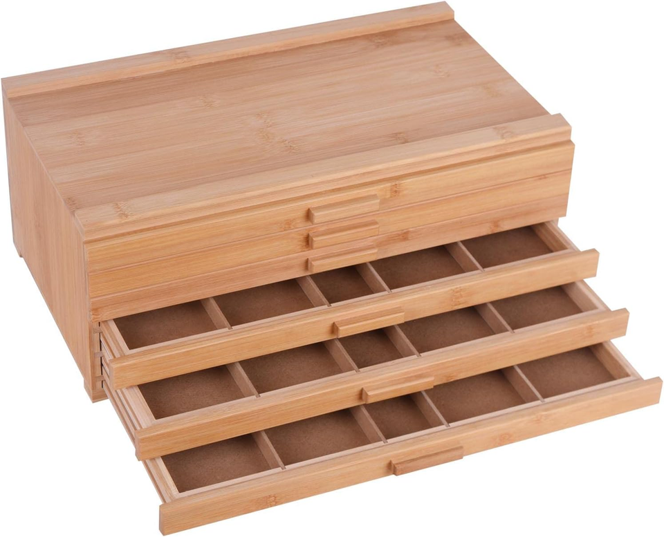 6 Drawer Bamboo Artist Supply Storage Box with Separate Compartments ...