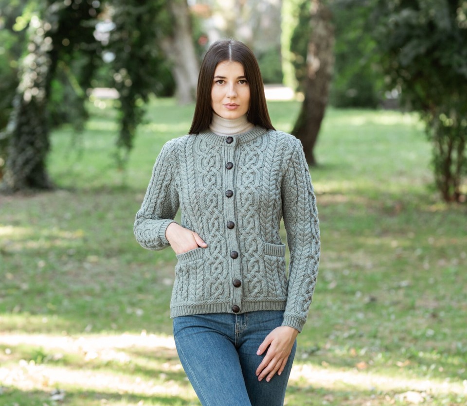 SAOL Aran Cardigan Sweater Women's 100% Merino Wool Cable Knitted ...