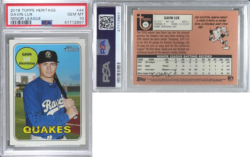 2018 Topps Heritage Minor League Edition Gavin Lux #44 PSA 10 GEM MT ...