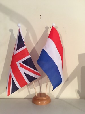 UNION JACK AND NETHERLANDS TWIN TABLE FLAG SET with WOODEN BASE 9"X6 ...