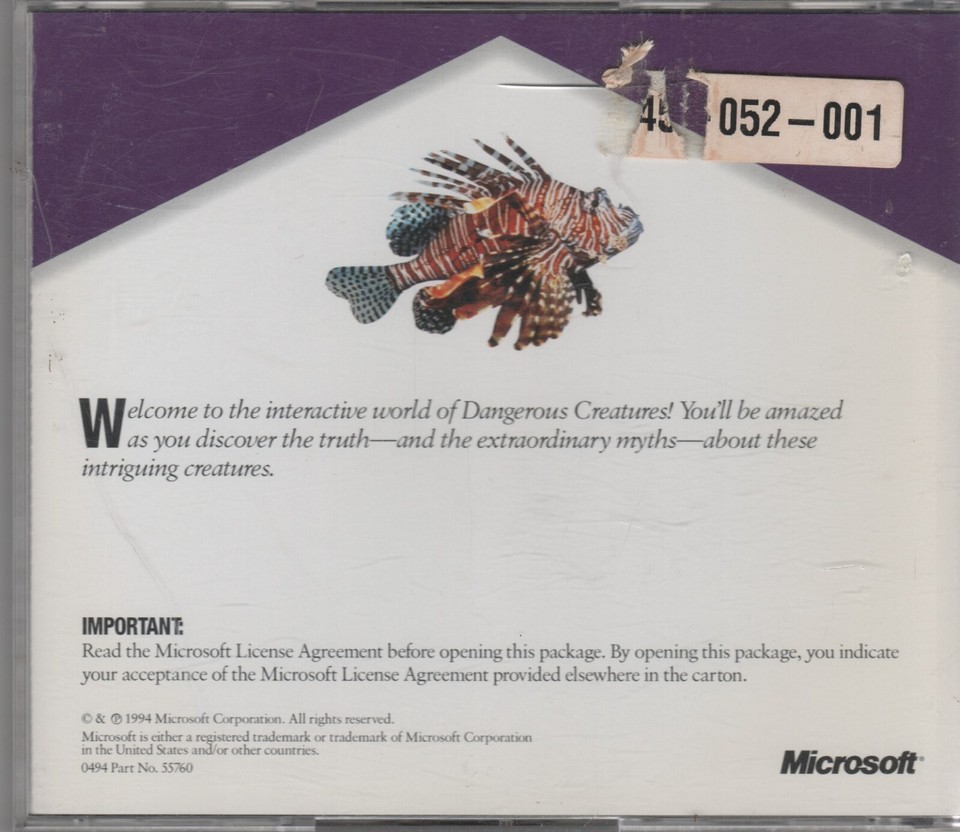ITHistory (1994) IBM PC Software DANGEROUS CREATURES (Microsoft) CD No ...