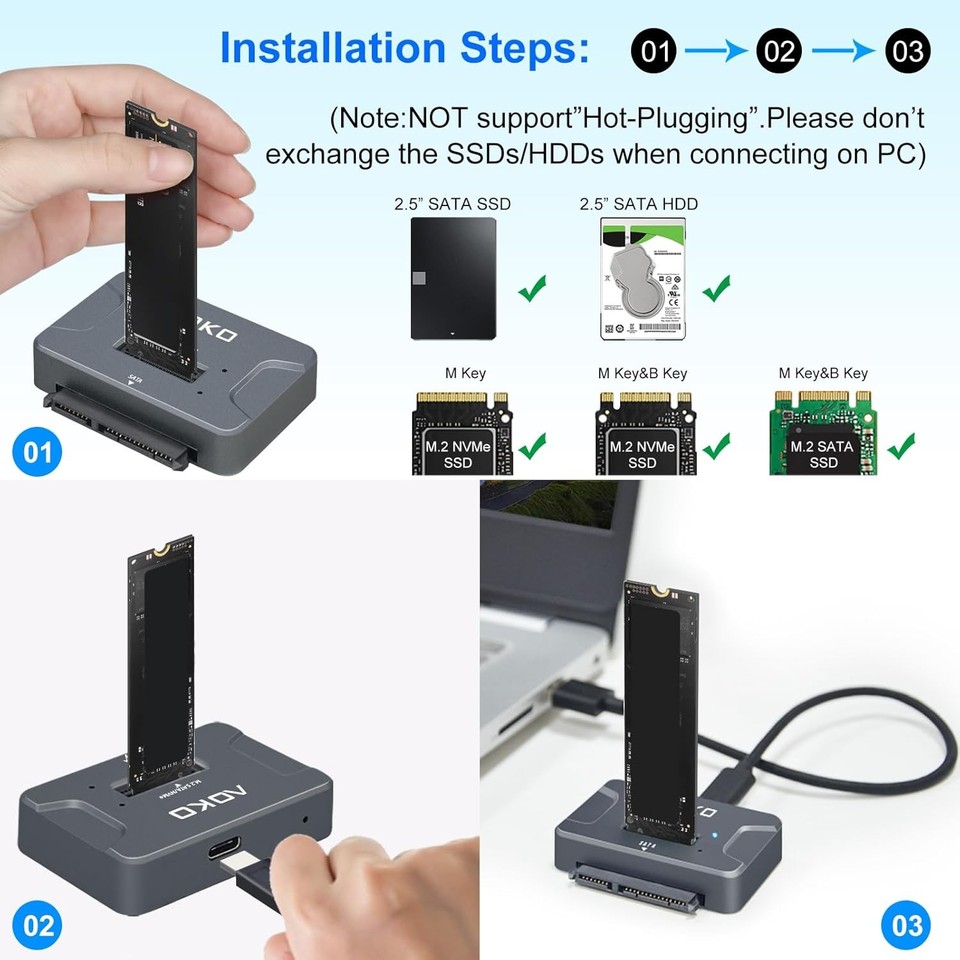 AOKO NVMe to USB 3.2(10Gbps) SSD Reader Docking Station – Portable M.2 ...