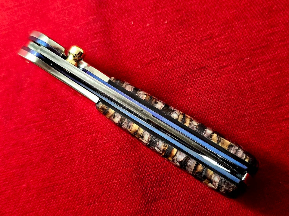 CUSTOM FOLDING KNIFE Stainless Damascus STEEL Fossil Titanium Craft Art ...