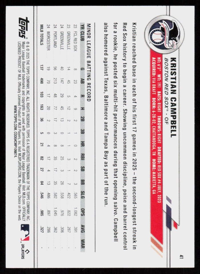 2025 Topps All Star Game Kristian Campbell #41 BASEBALL CARD Boston Red ...