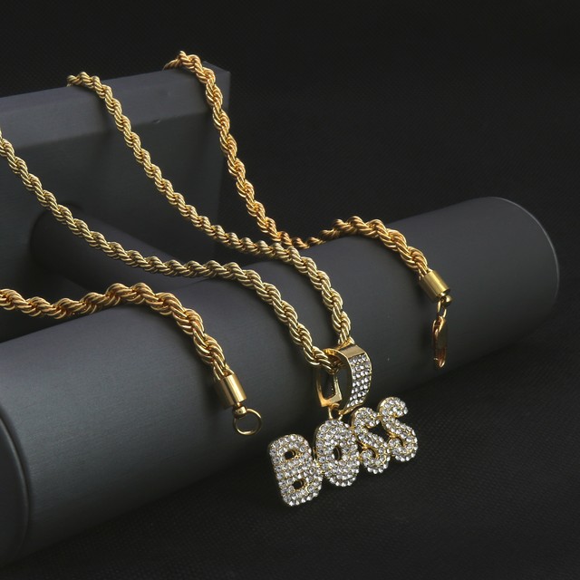 Men's Gold Plated Boss Letter Pendant 24" Rope Chain Hip-Hop Necklace ...
