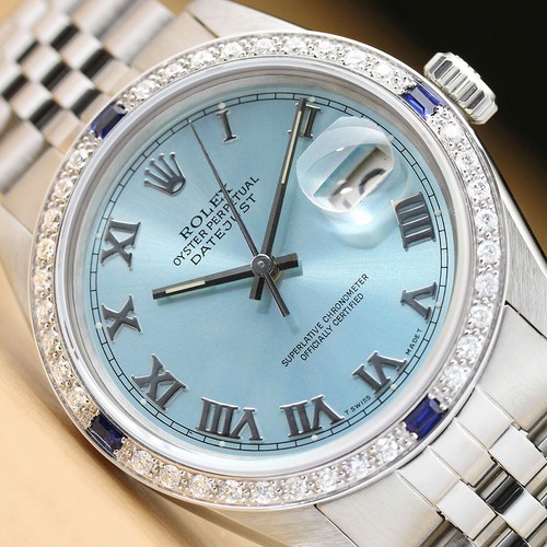 MENS ROLEX DATEJUST ICE BLUE ROMAN 18K GOLD DIAMOND SAPPHIRE & STEEL ...