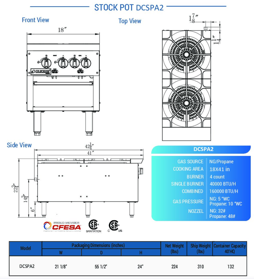 NEW 18" Double Stock Pot Range Two Lift-Off Burner Nat Gas Dukers ...