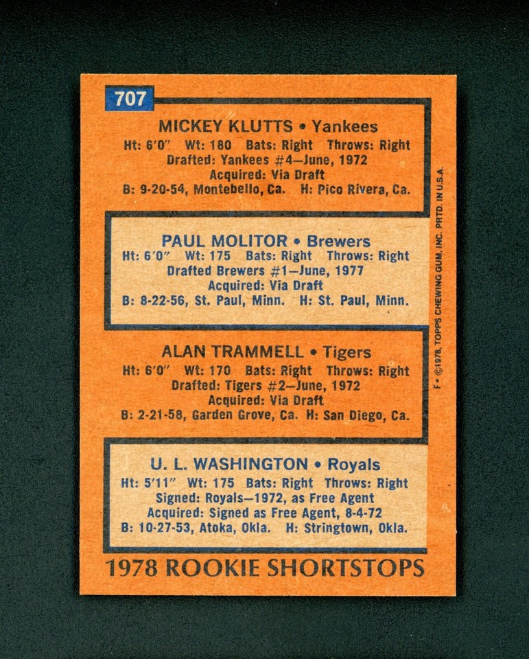 Paul Molitor / Alan Trammell 1978 Topps RC (HOF) Brewers, Tigers #707 ...