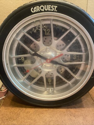 CARQUEST 14" CAR TIRE RIM WALL CLOCK MAN CAVE GARAGE SHOP REAL RUBBER ...