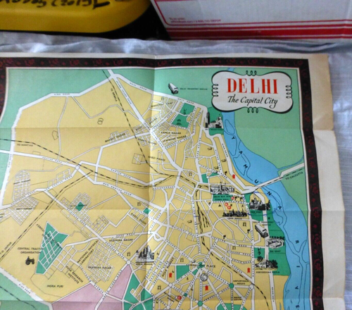 VINTAGE ILLUSTRATED MAP MAPS DELHI HOSPITALS CLUBS CINEMAS AIRLINES ...