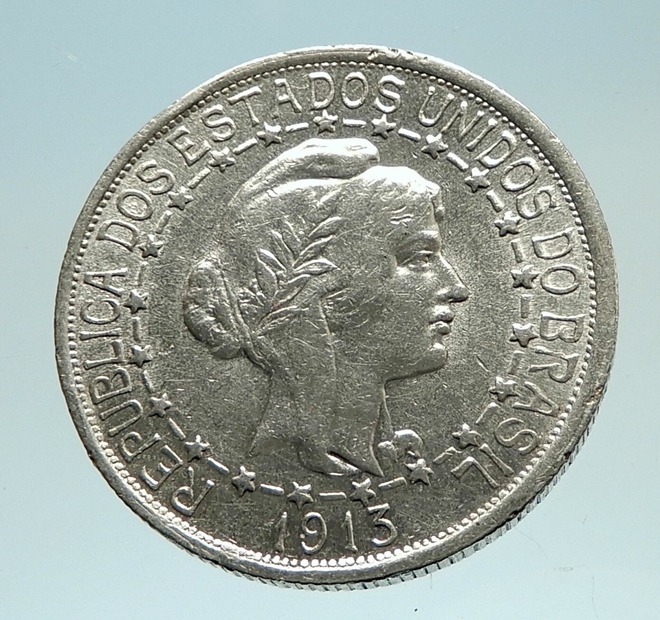 1913 BRAZIL Stars and LIBERTY Silver Genuine 1000 Reis Brazilian Coin ...
