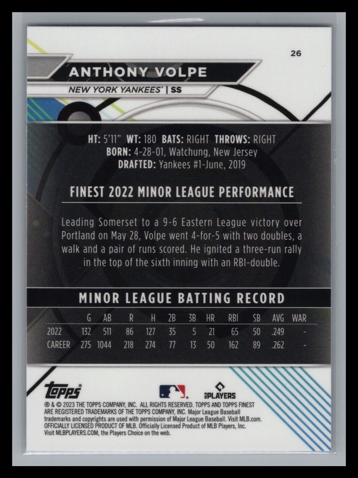 2023 Topps Finest #26 Anthony Volpe Base Rookie Card RC New York ...