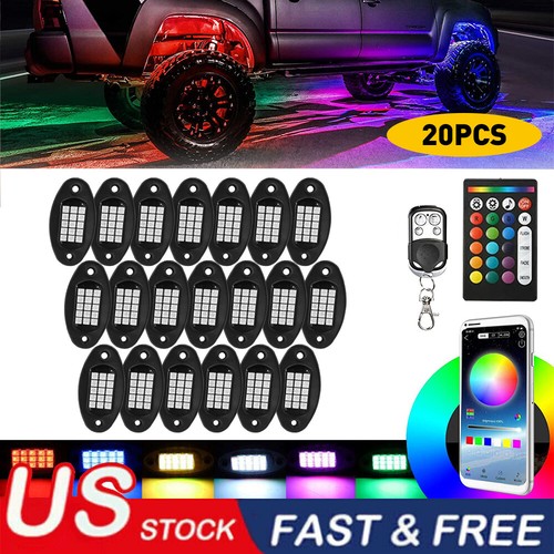 20 Pods RGB LED Rock Lights Kit Underbody Neon Music Light Bluetooth ...