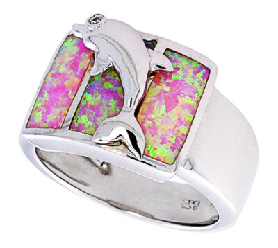 Women Sterling Silver Rhodium Plated, Pink Simulated Opal Dolphin Ring ...