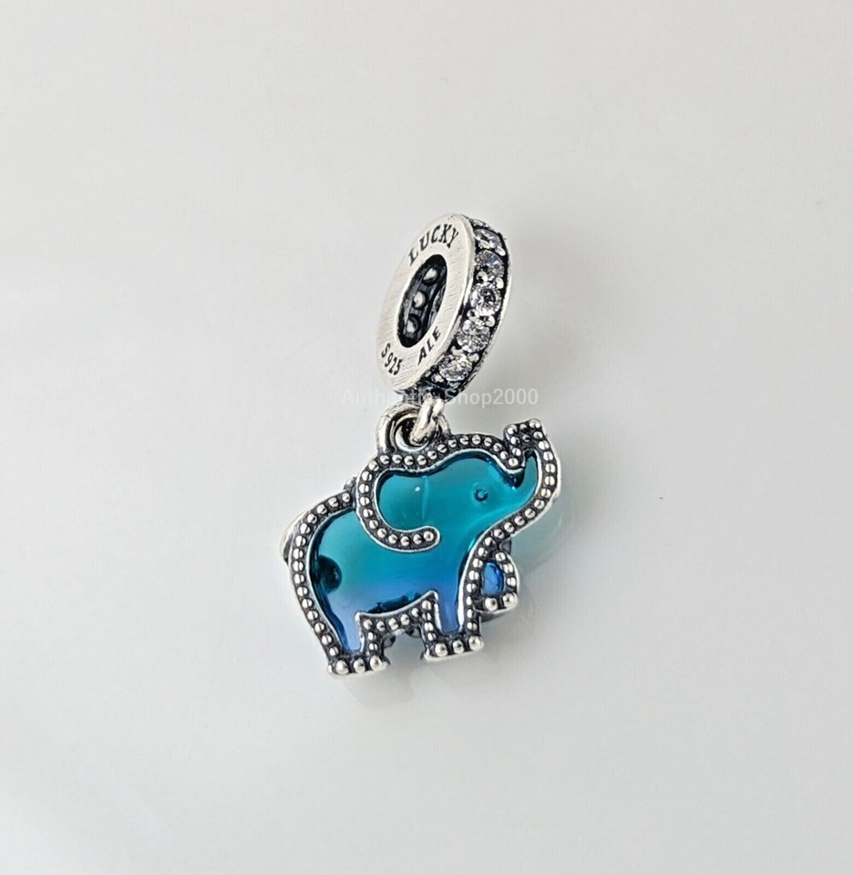 New 100% Authentic PANDORA 925 Blue Murano Glass Elephant Dangle Charm ...