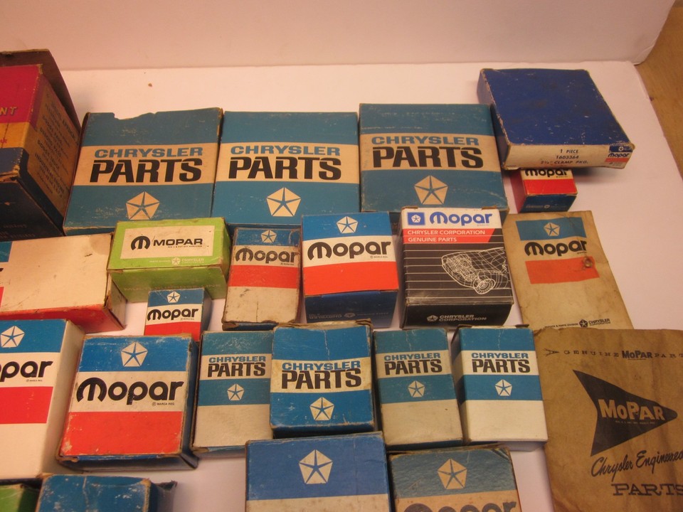 33 ASSORTED MOPAR PARTS BOXES DODGE PLYMOUTH CHRYSLER 1940 1950'S 1960 ...
