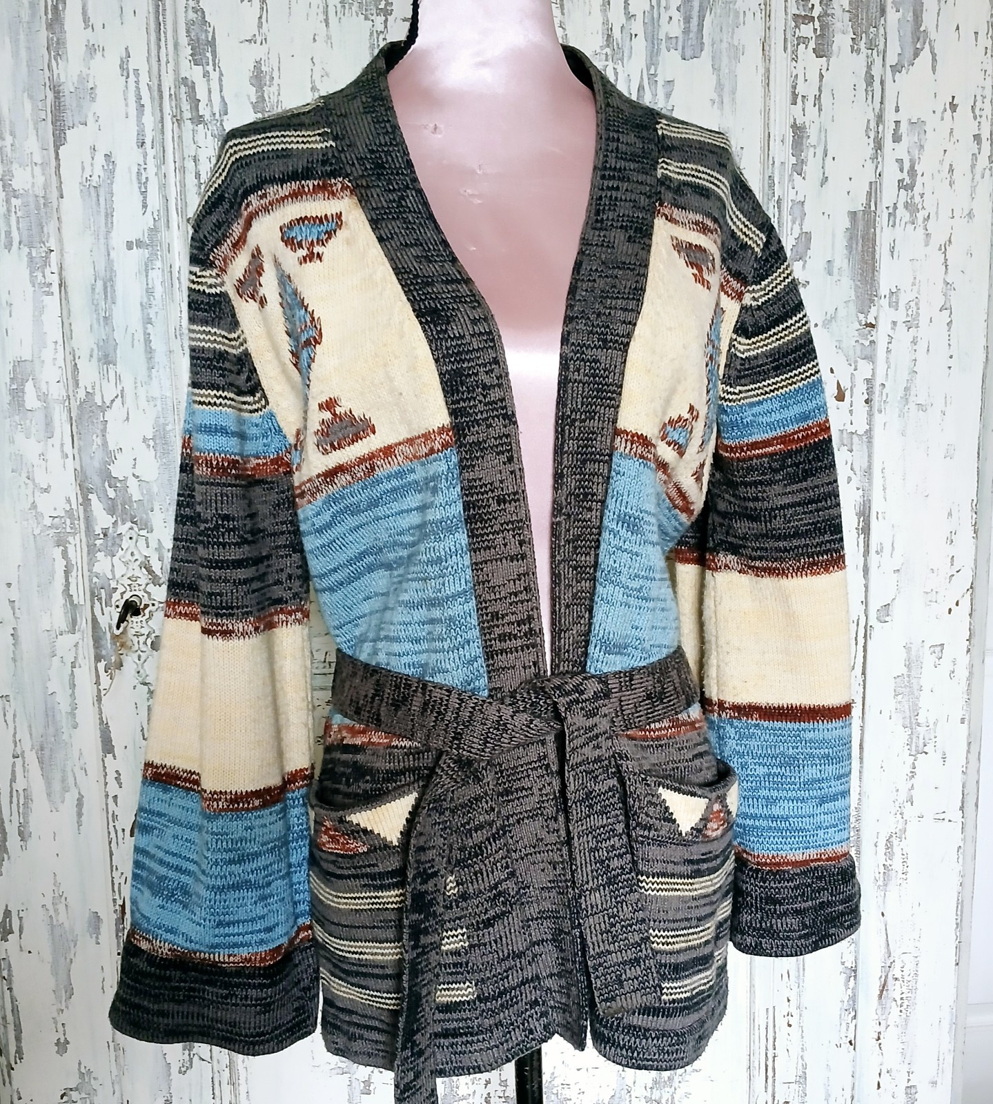 Vtg Blue 70s Southwest Aztec Cardigan Sweater Tie Wai… - Gem