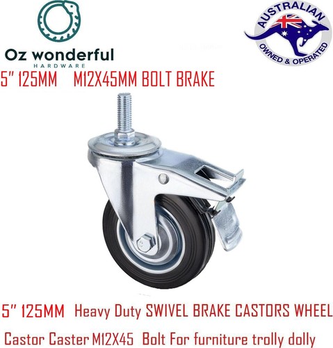 5" (125mm) Heavy Duty SWIVEL BRAKE CASTORS WHEEL Castor Caster M12 X45 ...