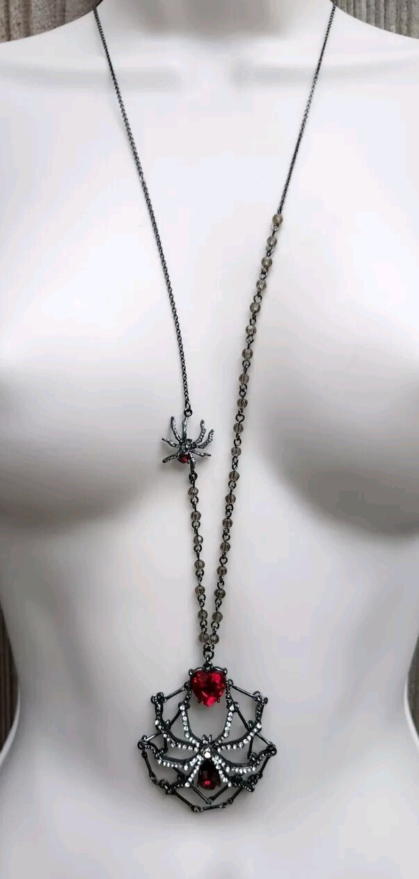 Betsey Johnson SPIDERWEB NECKLACE Red Stone & Brads Heart Spider Web NWT 35" | eBay