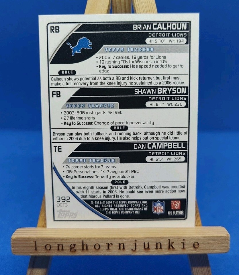 2007 Topps Total Dan Campbell / Shawn Bryson / Brian Calhoun Detroit ...