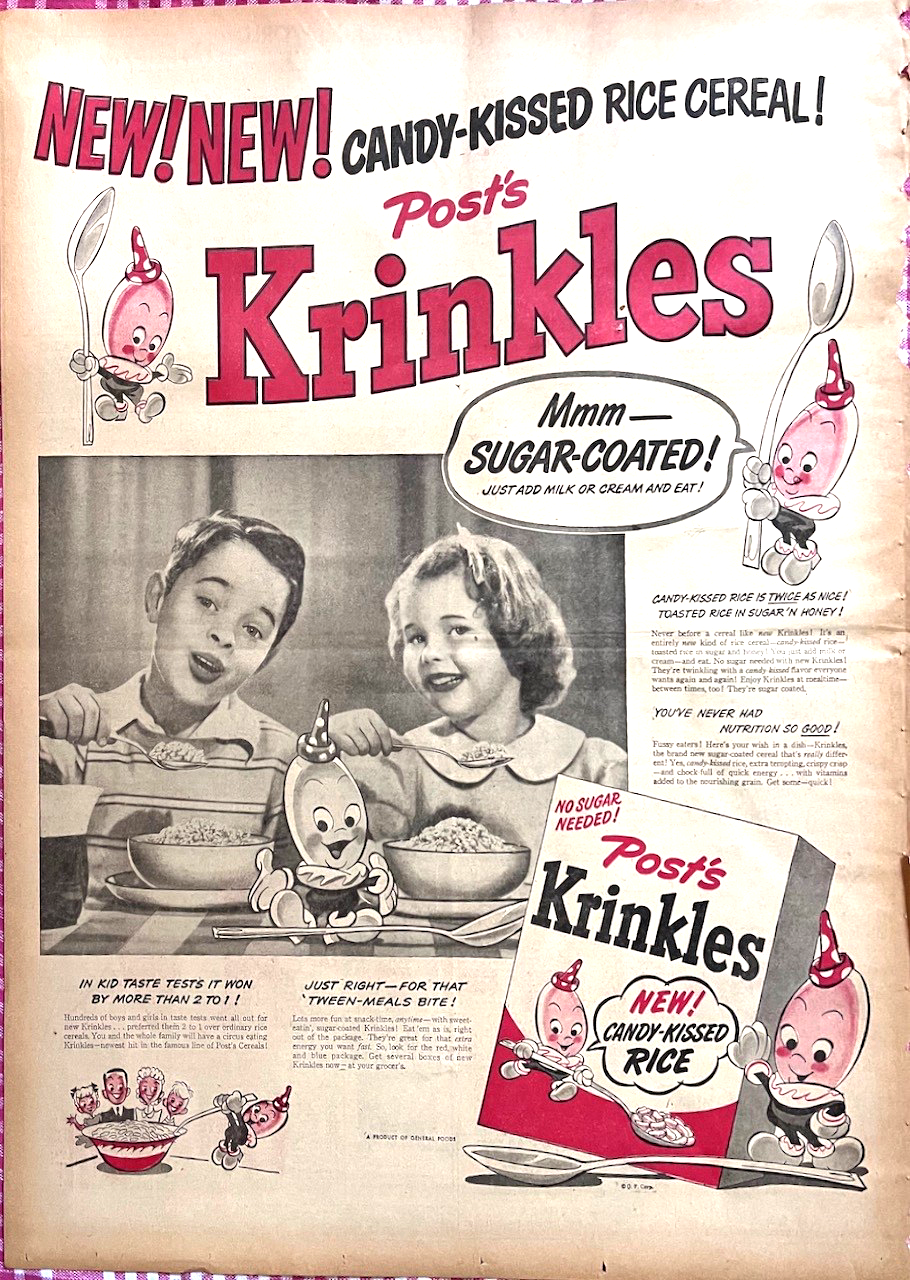 1951 full page newspaper ad for Post Krinkles cereal - Candy Kissed Rice | eBay