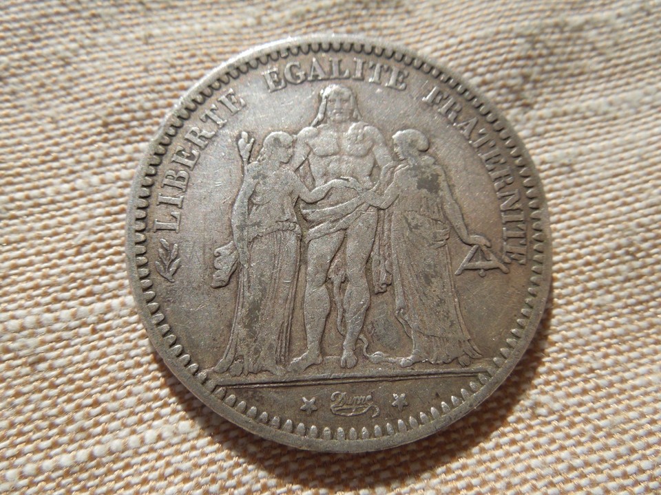 1873K France 5 Francs 90% Silver Crown Size Coin, French, Hercules, 3rd ...
