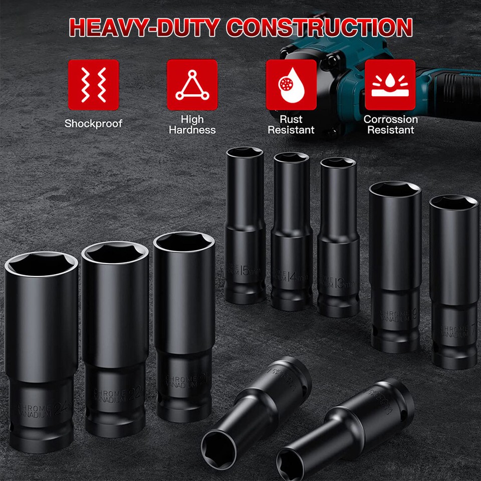 10PCS Heavy Duty 1/2” Drive Deep Impact Sockets Set Long Reach Wheel ...