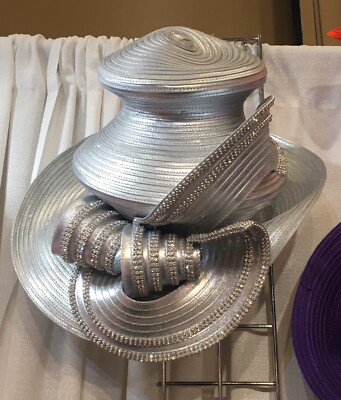 NEW Charm NY Silver RHINESTONE Wide Brim HAT CHURCH BLING COGIC DERBY ...