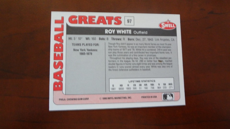 1990 PHILADELPHIA GUM BASEBALL GREATS #97 ROY WHITE BASEBALL CARD | eBay