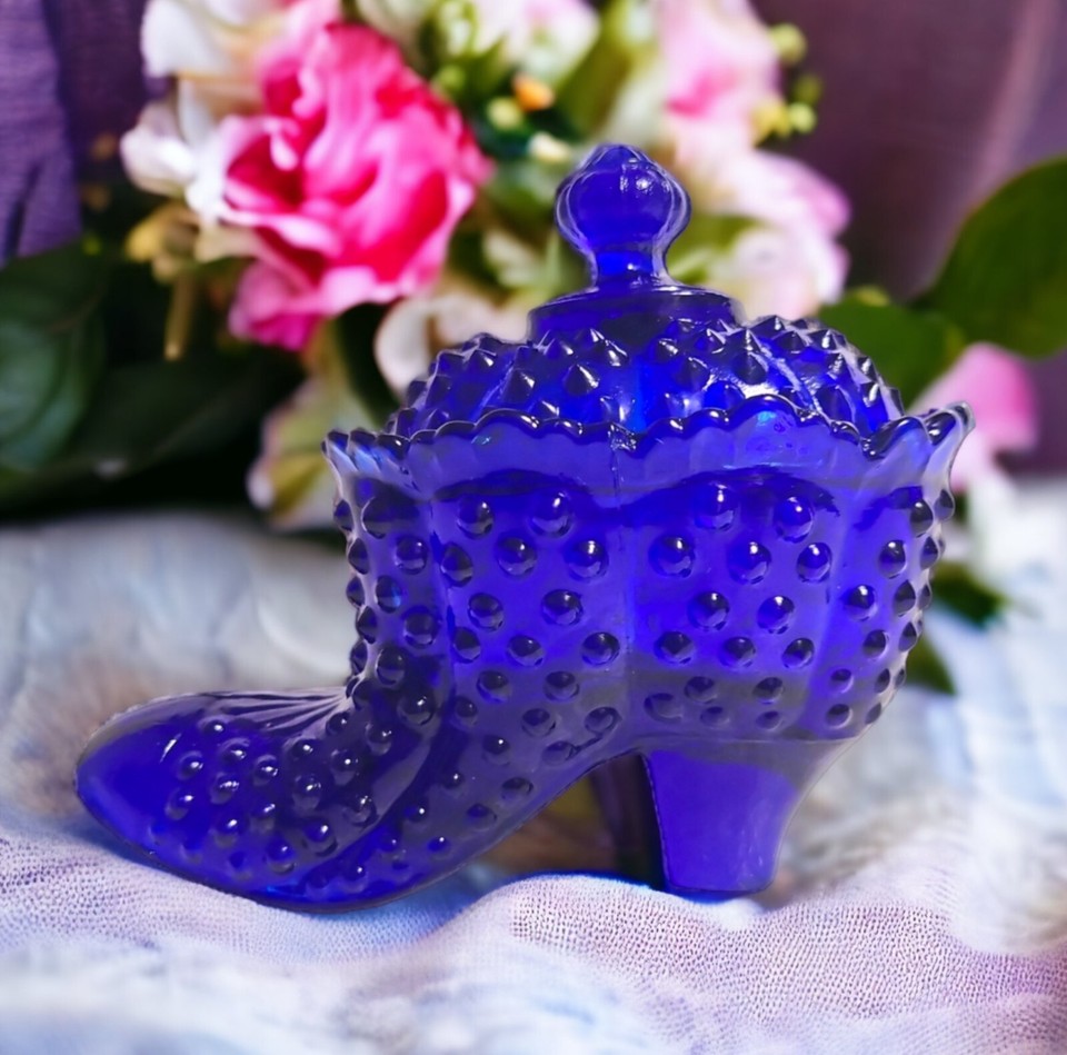 Vintage Victorian Shoe Slipper Hobnail Cobalt Blue Glass Candy Trinket ...
