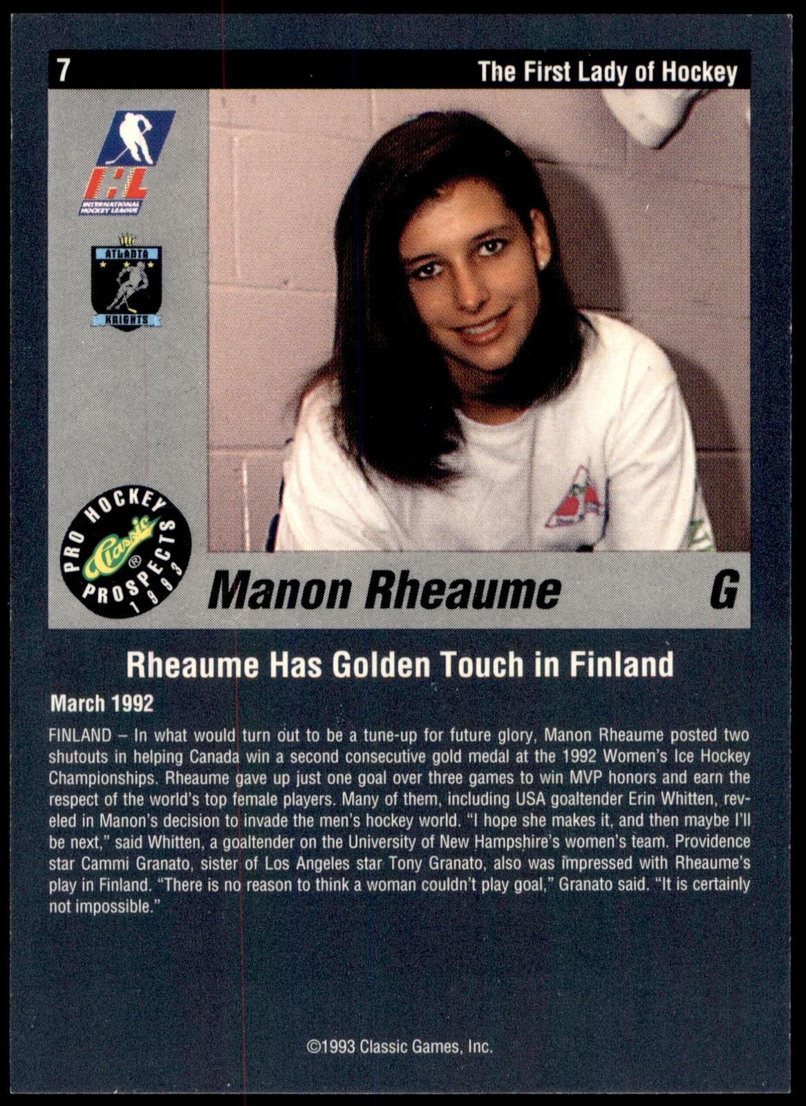 Manon Rheaume #7 1993 Classic Pro Prospects | eBay