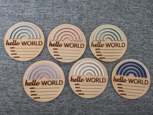 Hello World Baby Birth Announcement Wooden Disc Lilac Rainbow ...