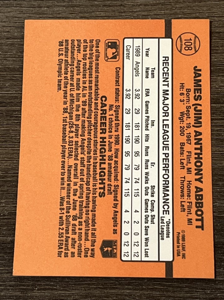 ERROR NO DOT 1990 DONRUSS BASEBALL CARD #108 JIM ABBOTT ANGELS NRMT ...