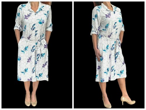 LULAROE ELLIE BUTTON FRONT BELT POCKETS ROLL TAB SHIRT DRESS FLORAL ...