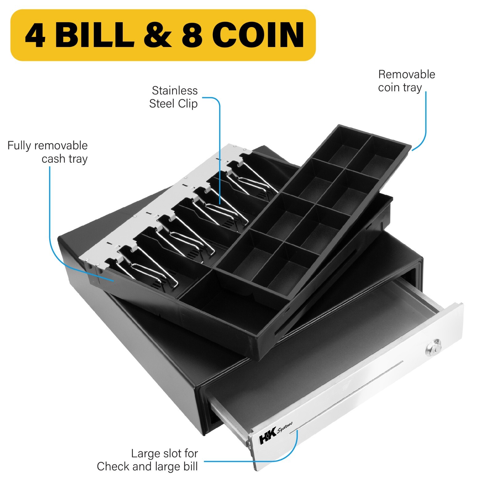 16" Heavy Duty Black "Manual" "Push" Open Cash Drawer with 4Bill/8Coin ...
