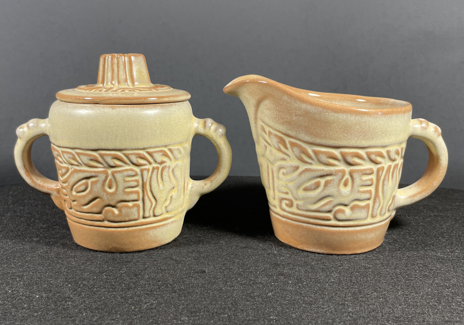 Frankoma Pottery Mayan Aztec Creamer and Sugar Dish w Lid Desert Gold ...