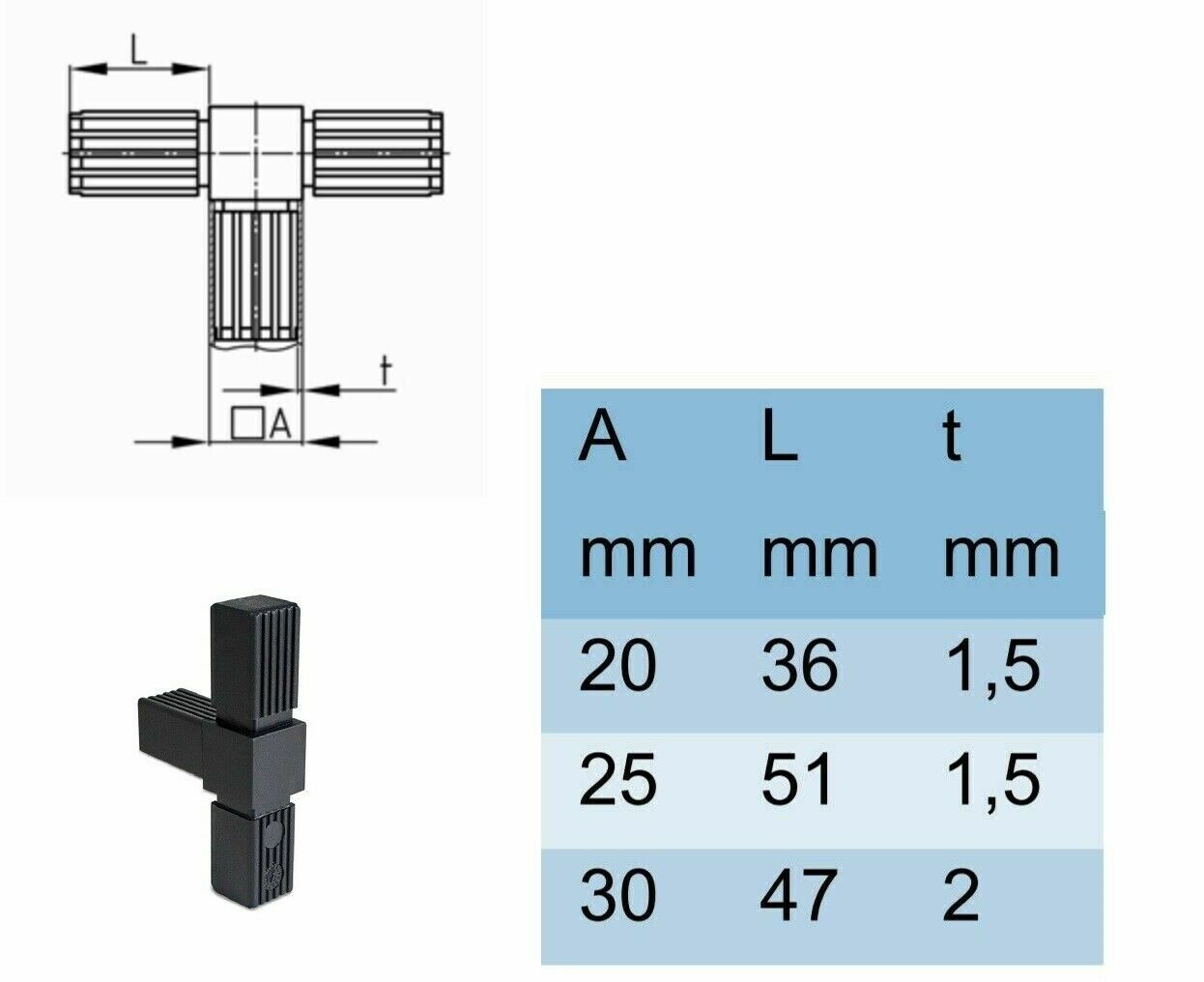 SQUARE TUBE CONNECTORS 20mm 25mm 30mm T L INSERT PLASTIC 20x20 25x25 ...