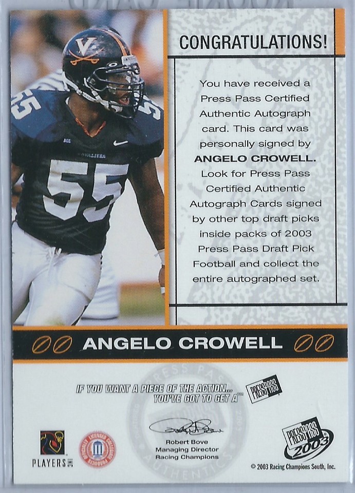 2003 Press Pass Football Angelo Crowell Bronze University of VA ...